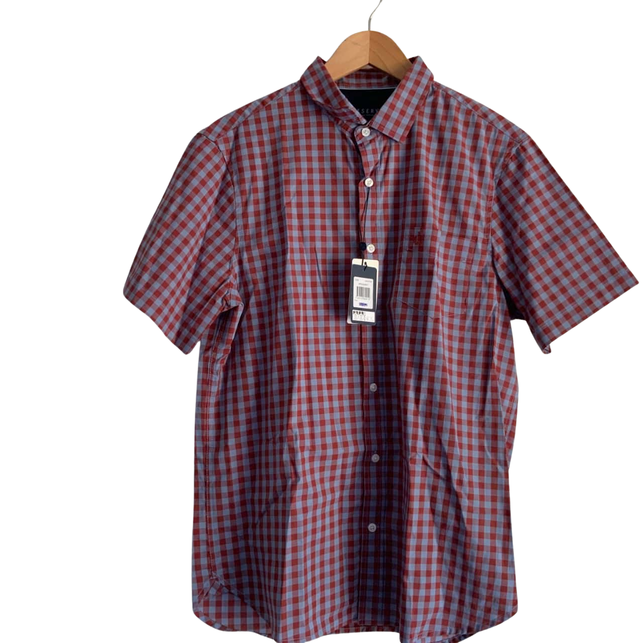 Reserve Mens Size L Short Sleeve Shirt Blue / Burnt Orange / Checked