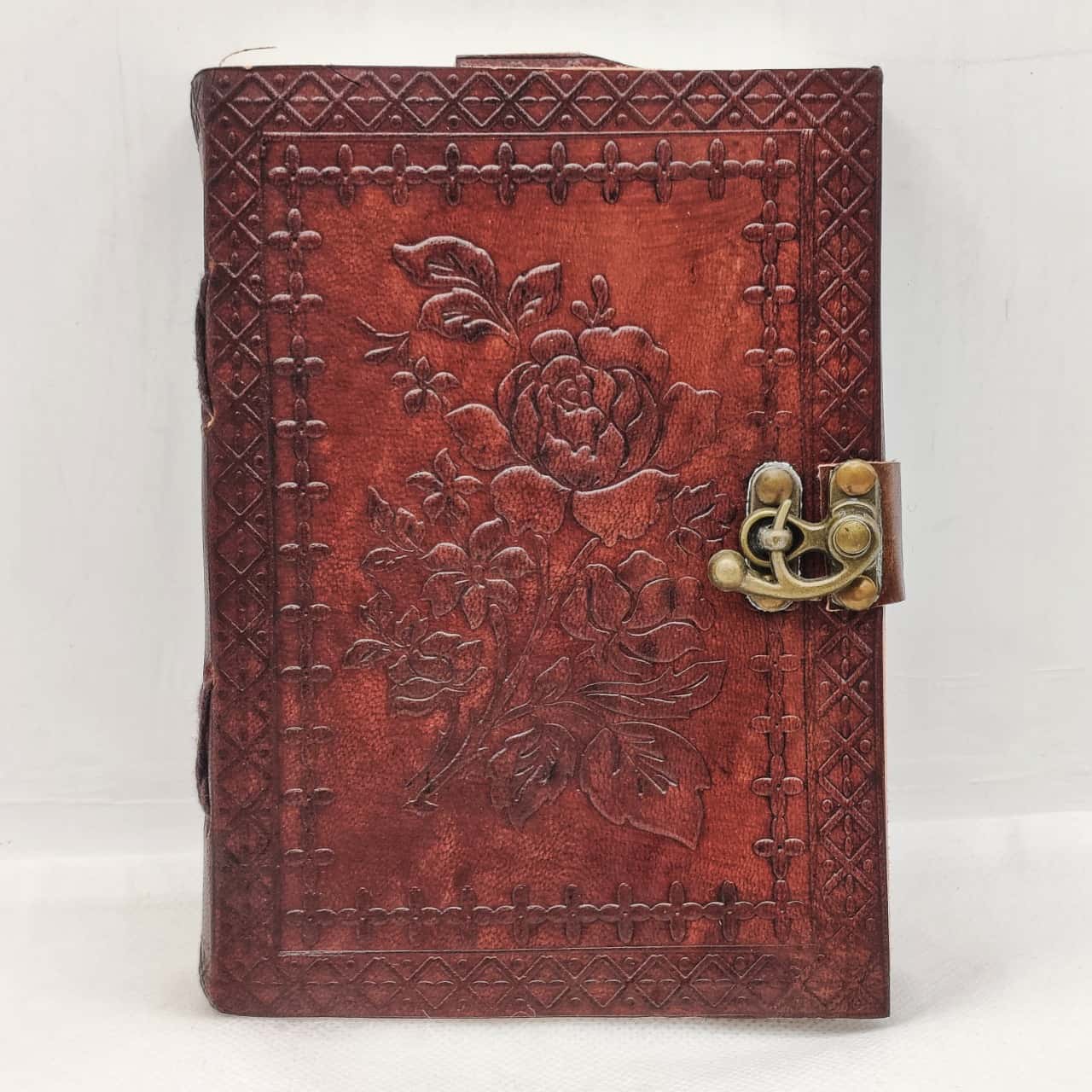 7" Leather Journal with clasp Rose emboss Writing Pad With Ornate Brass ...