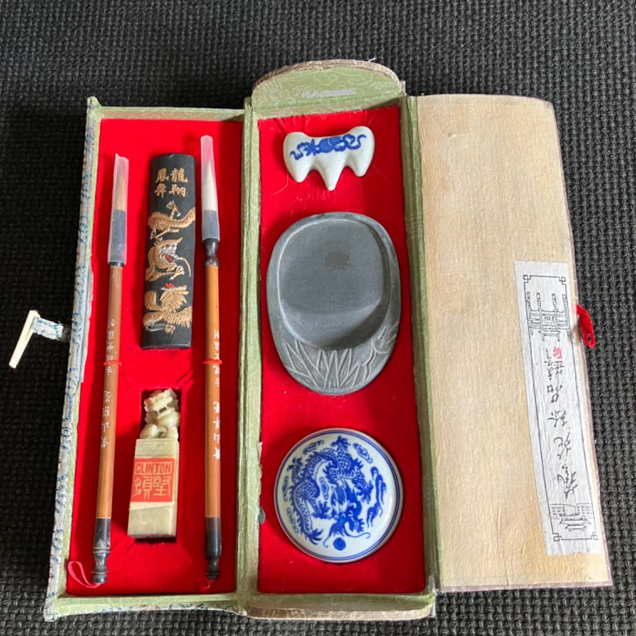 Chinese Calligraphy Set Inkstone, Paperweight, Brushes, Inkwell