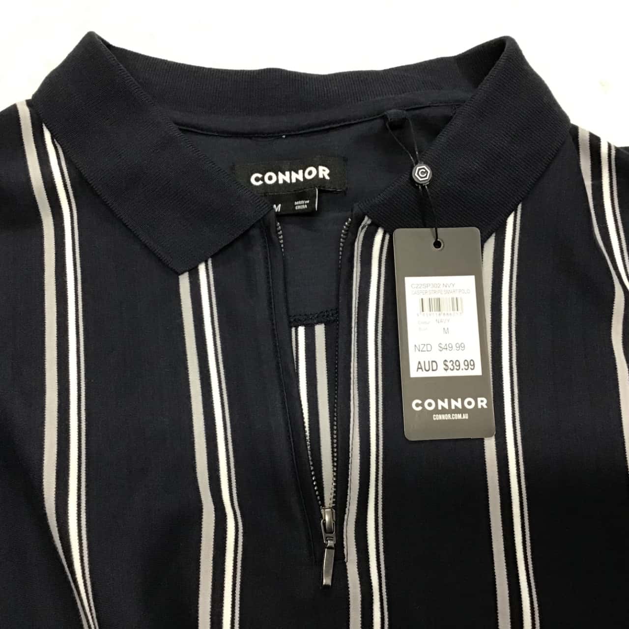 Connor Mens Size M Navy Blue / White / Grey Striped Zip Polo Shirt