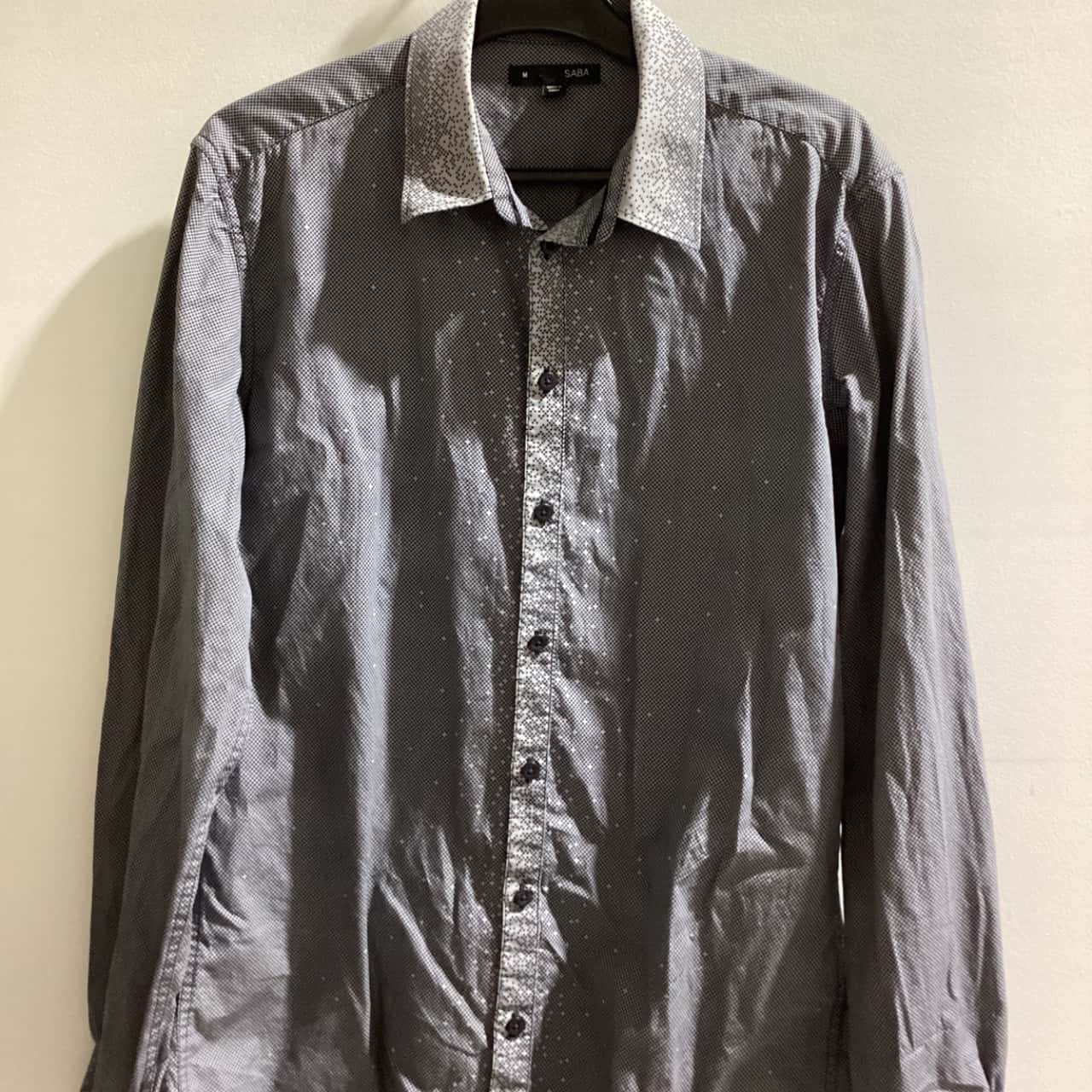 Saba Mens Size M Long Sleeve Grey / Navy Blue Shirt