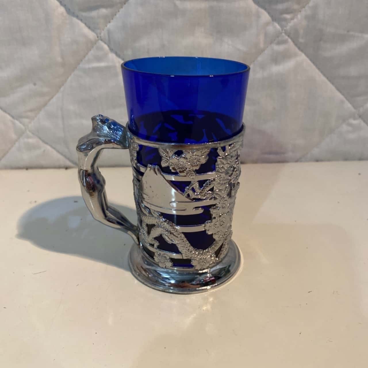 Japanese Chrome Glass Holder with Cobalt Blue insert (s)