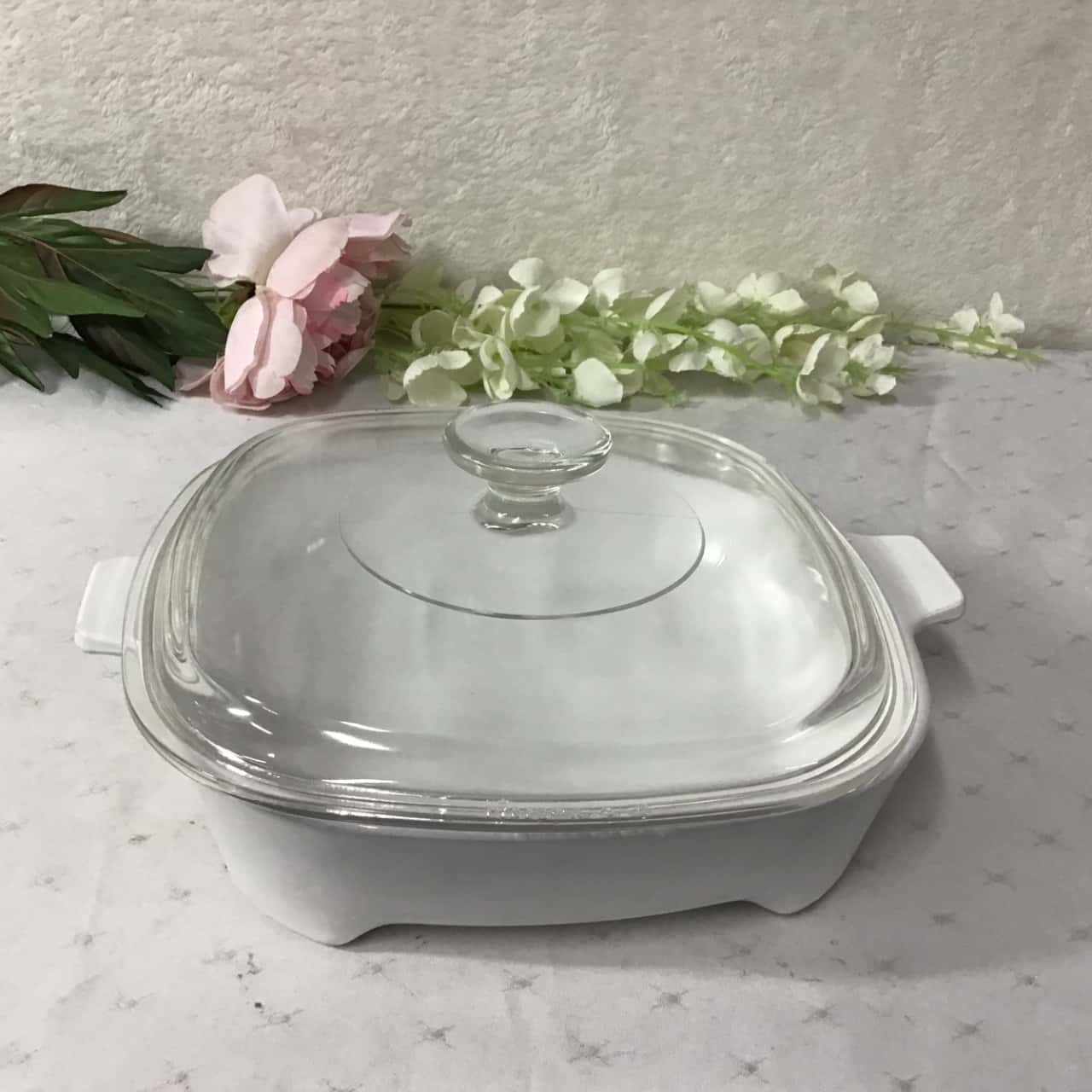 Corning Ware White Square Microwave Browning Dish with Pyrex Glass Lid
