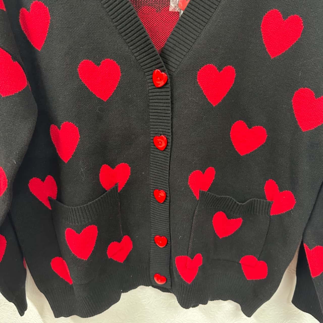 Dangerfield Womens Size 10 Cardigan Black with red heart pattern(s)