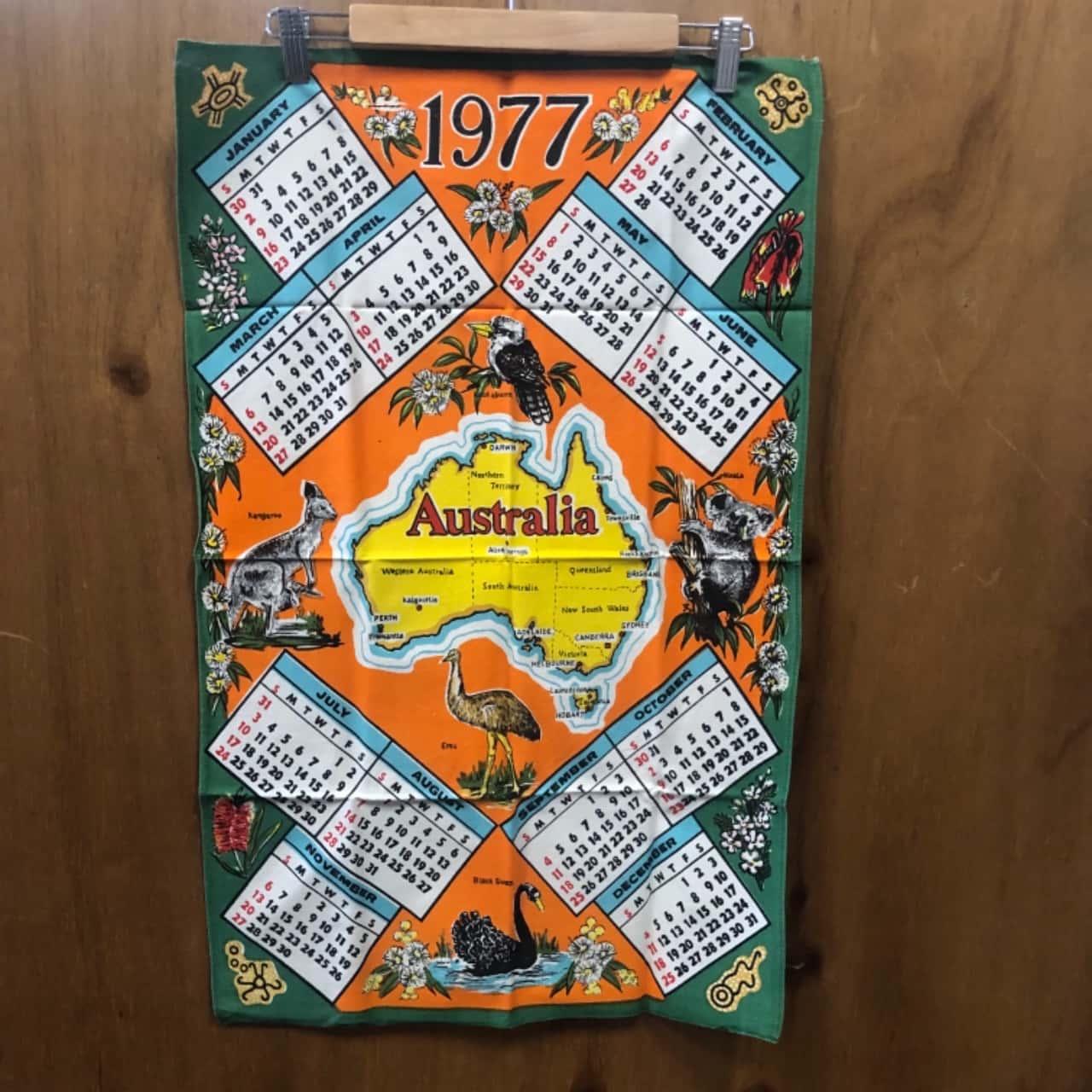 Vintage 1977 Calendar Orange Tea Towel - 100% Pure Cotton(s)