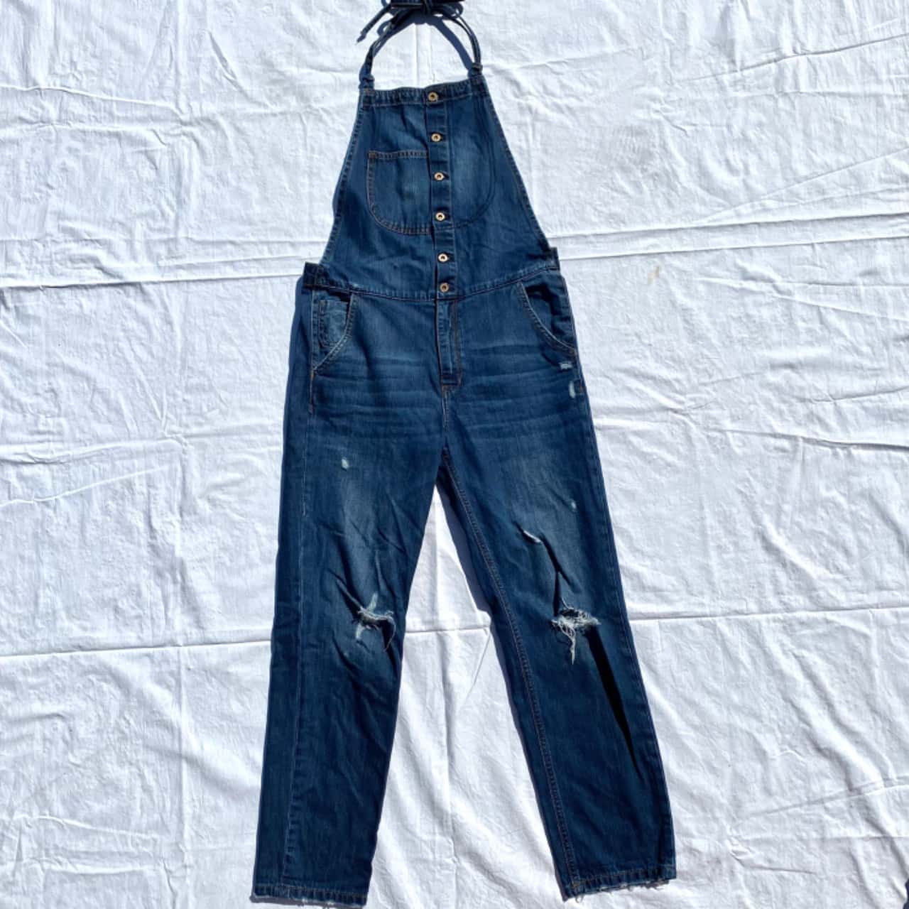 Zara Womens Blue Distressed Denim Halter Necklace Overalls with Open ...