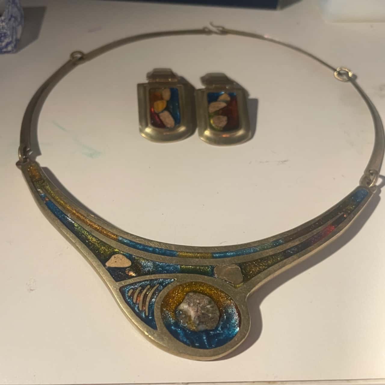 Greek Aegean Brass Enamel Choker and clip on earrings