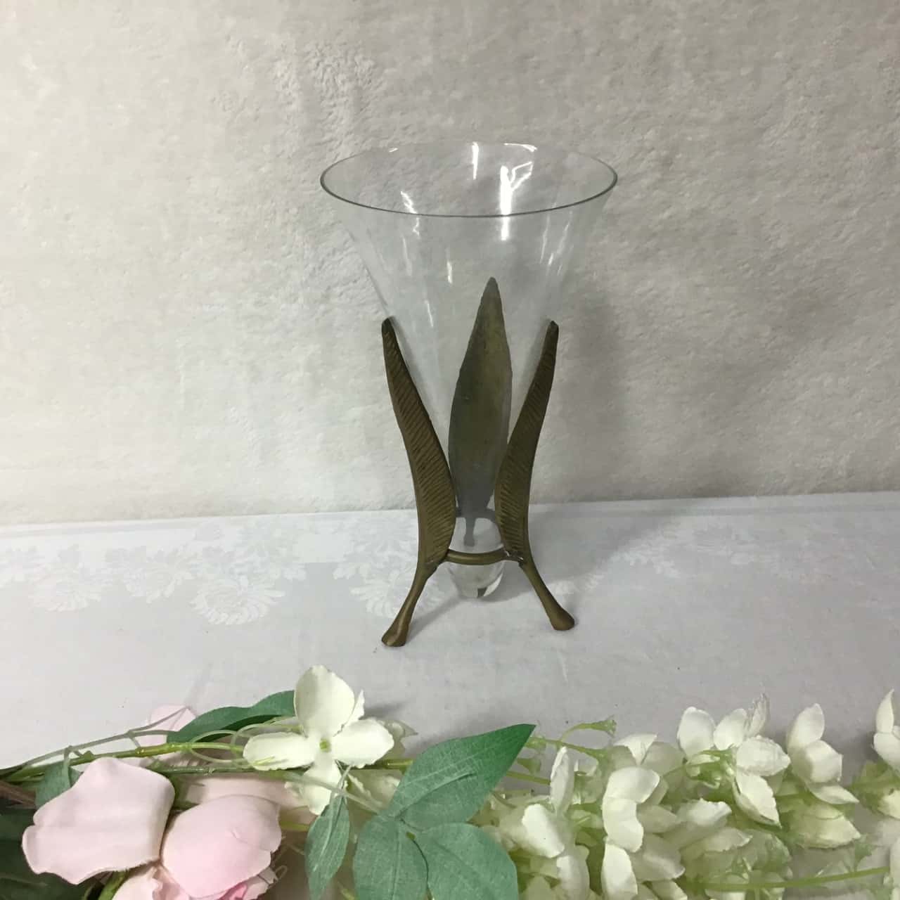Tall Cone Shape Glass Vase with Metal Leaf Holder