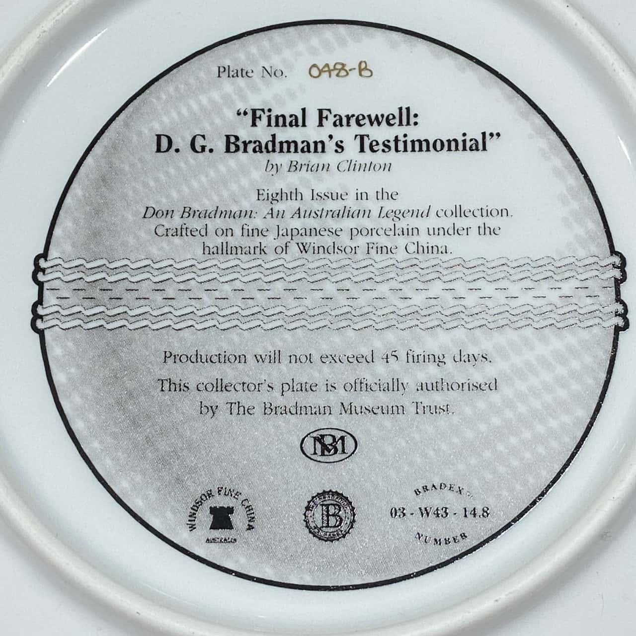 Donald Bradman 'A Grand Farewell to Cricket' Collector Plate