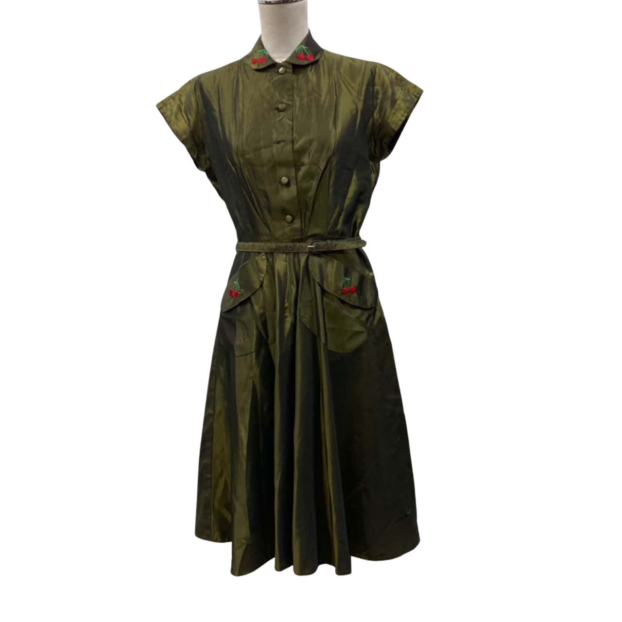 Reduced Retro Vintage Bottle Green Cherry Cocktail Dress Size 6 8 S