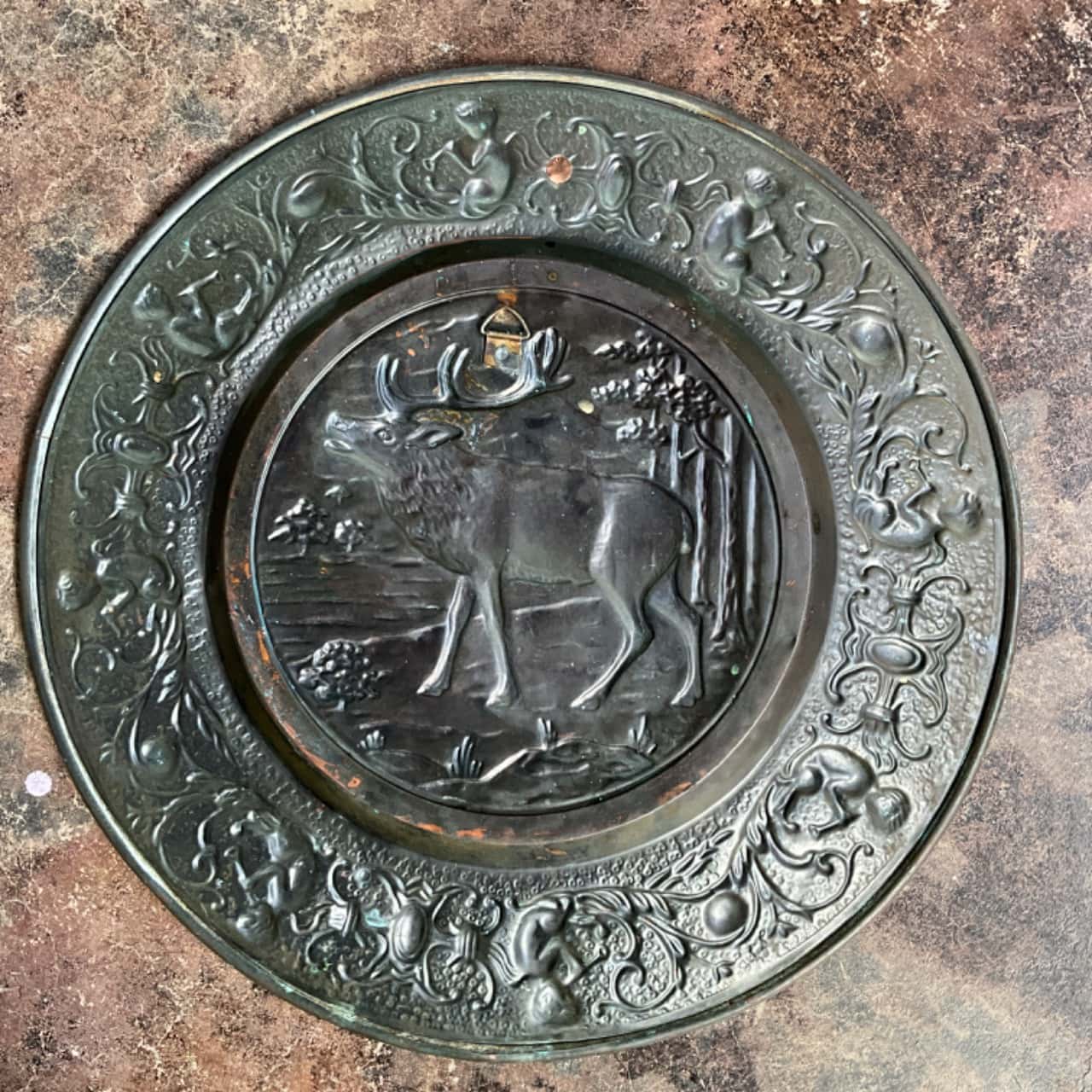 Vintage Round Embossed Deer Wall Plates - Copper?