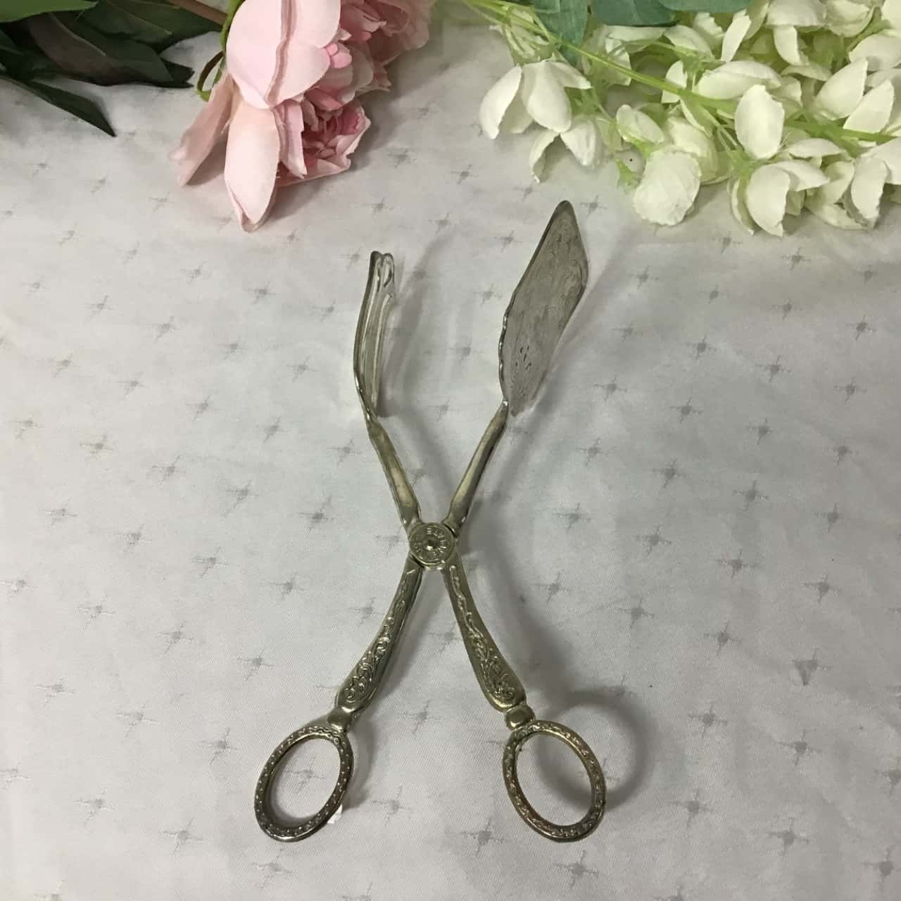 Vintage Ornate Silver-plated Scissor Cake Serving Tongs