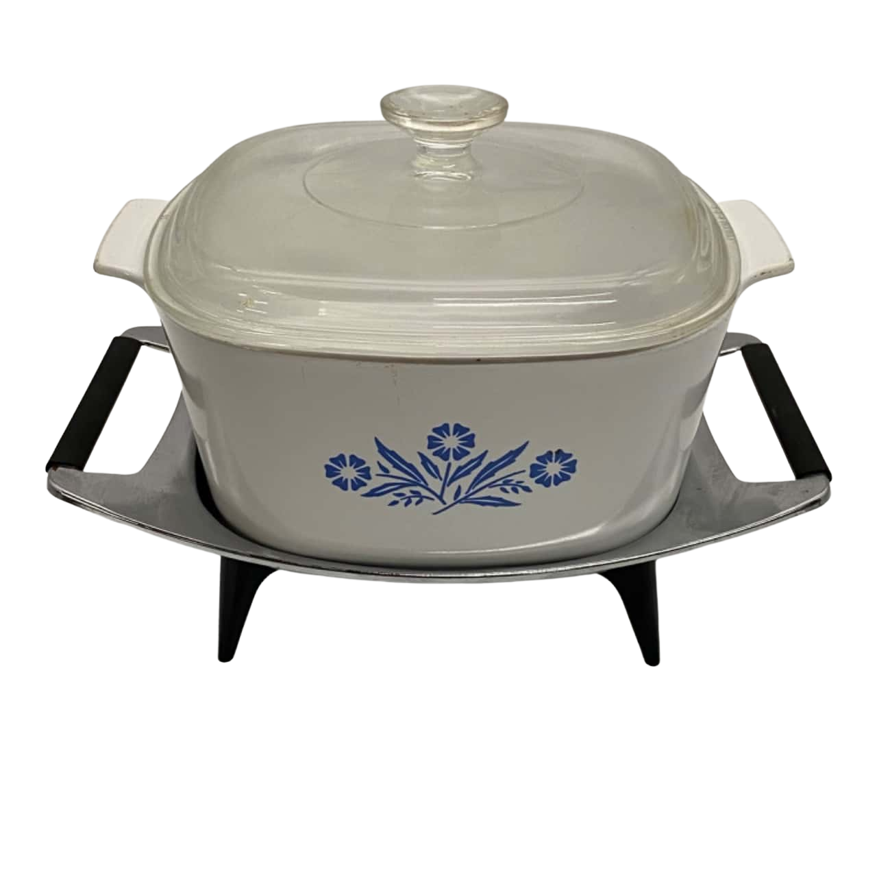 Vintage Corning Ware ‘Cornflower’ Saucepan & Lid with Warming Stand(s)