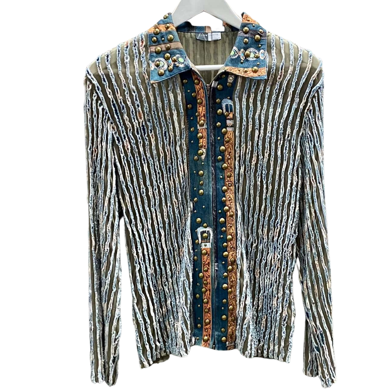 Ann Lewis Denim/ studd Trim long Sleeve Blouse Size 10 (s)