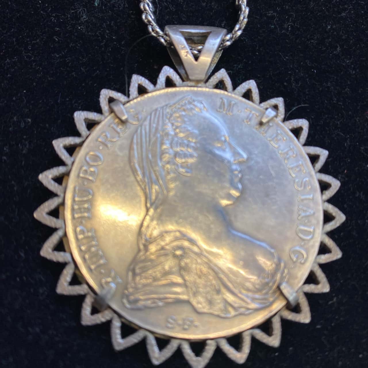 Vintage Maria Theresia Austrian Thaler Coin Pendant on Silver Tone Chain