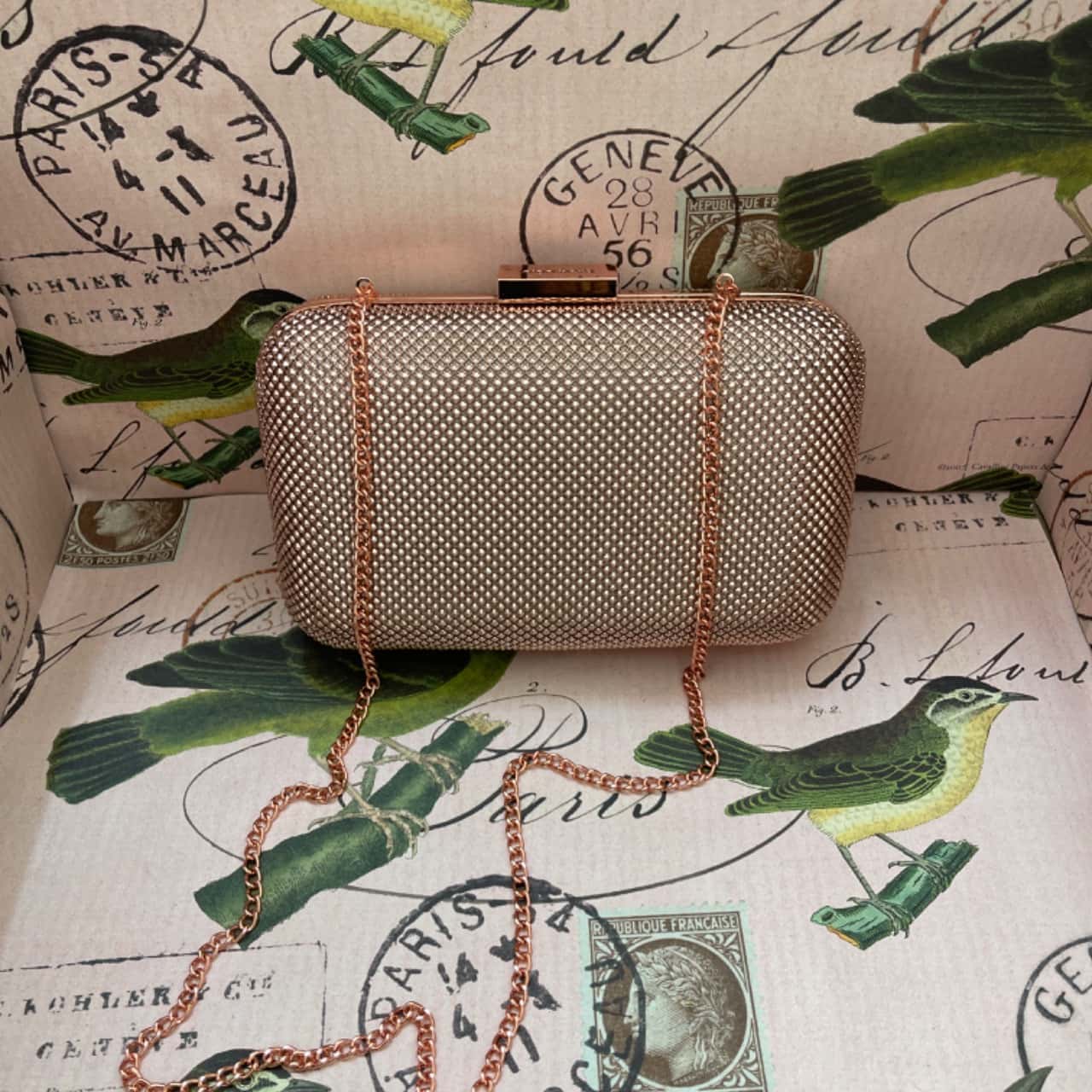 Womens Clutch Pink alga berg rose gold Metal Mesh bag box 12(s)