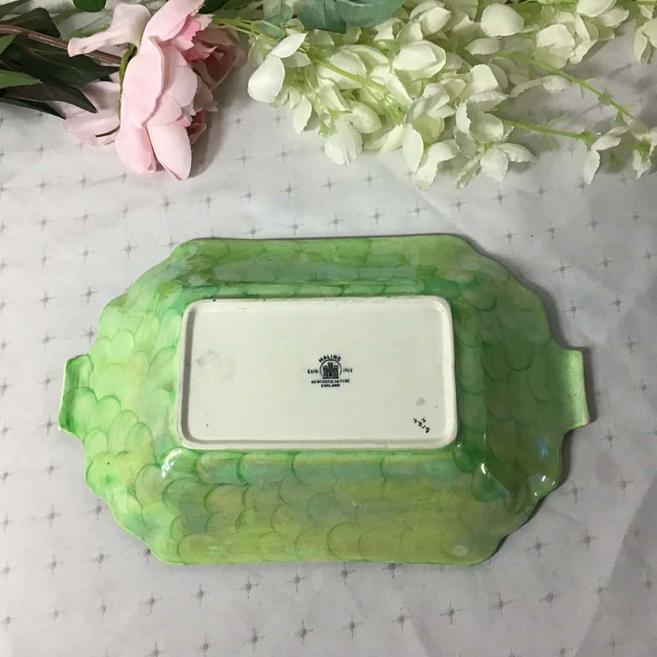 Vintage Maling Green Floral Pattern Decorative Dish with Handles(s)