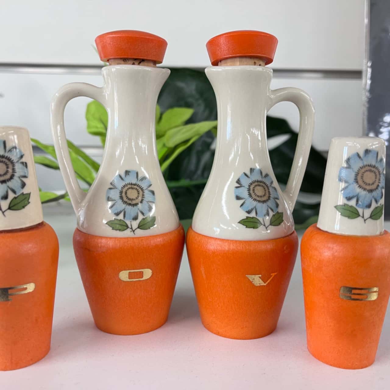 Midcentury Cruet Set Orange plastic Real cork stoppers