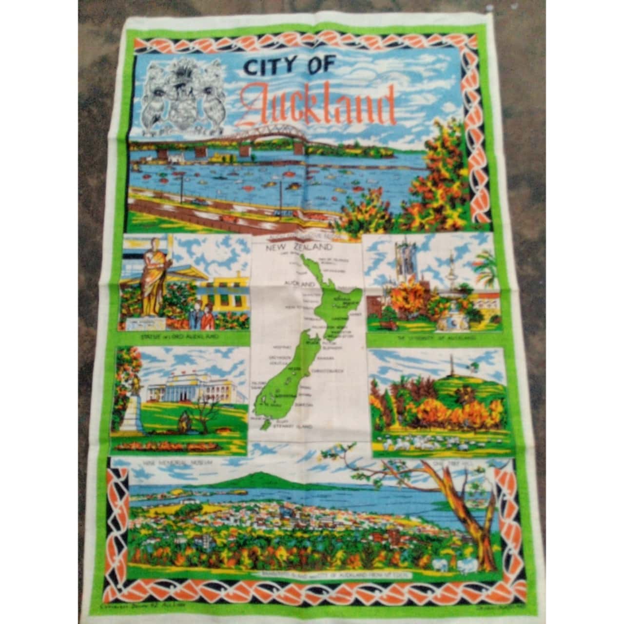 Large Vintage Tea Towel - City of Auckland Green Border - All Linen