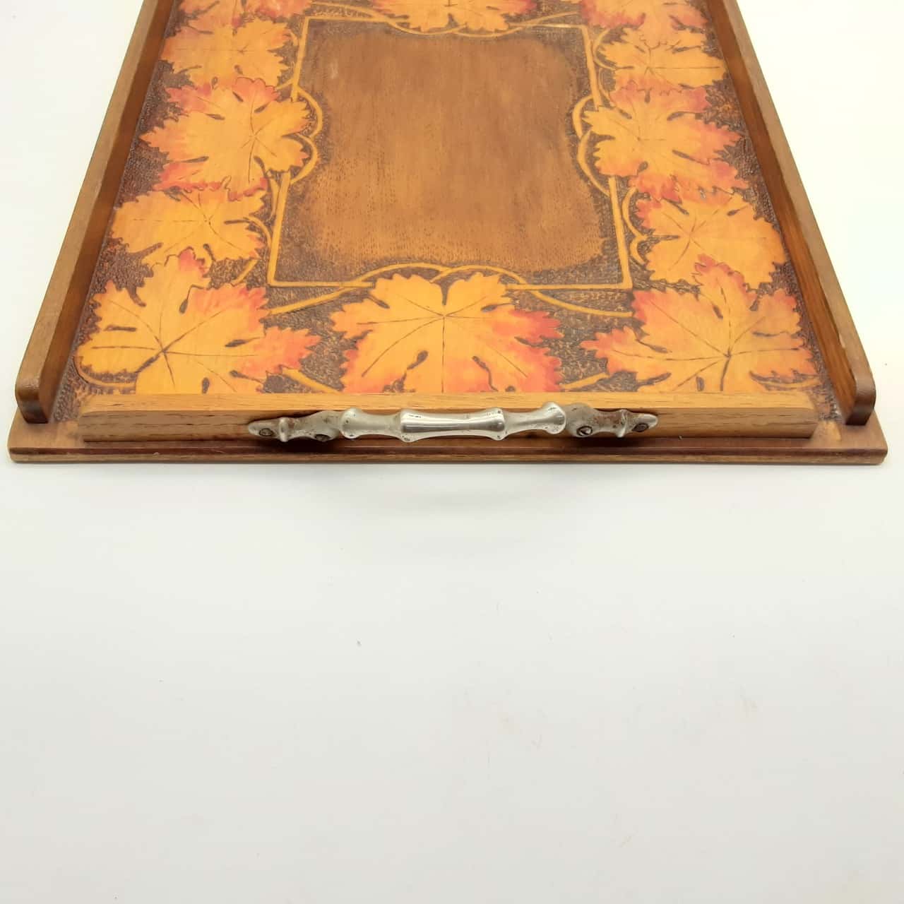 Antique Vintage Wooden Pokerwork Tray with Maple Leaf Pattern(s)