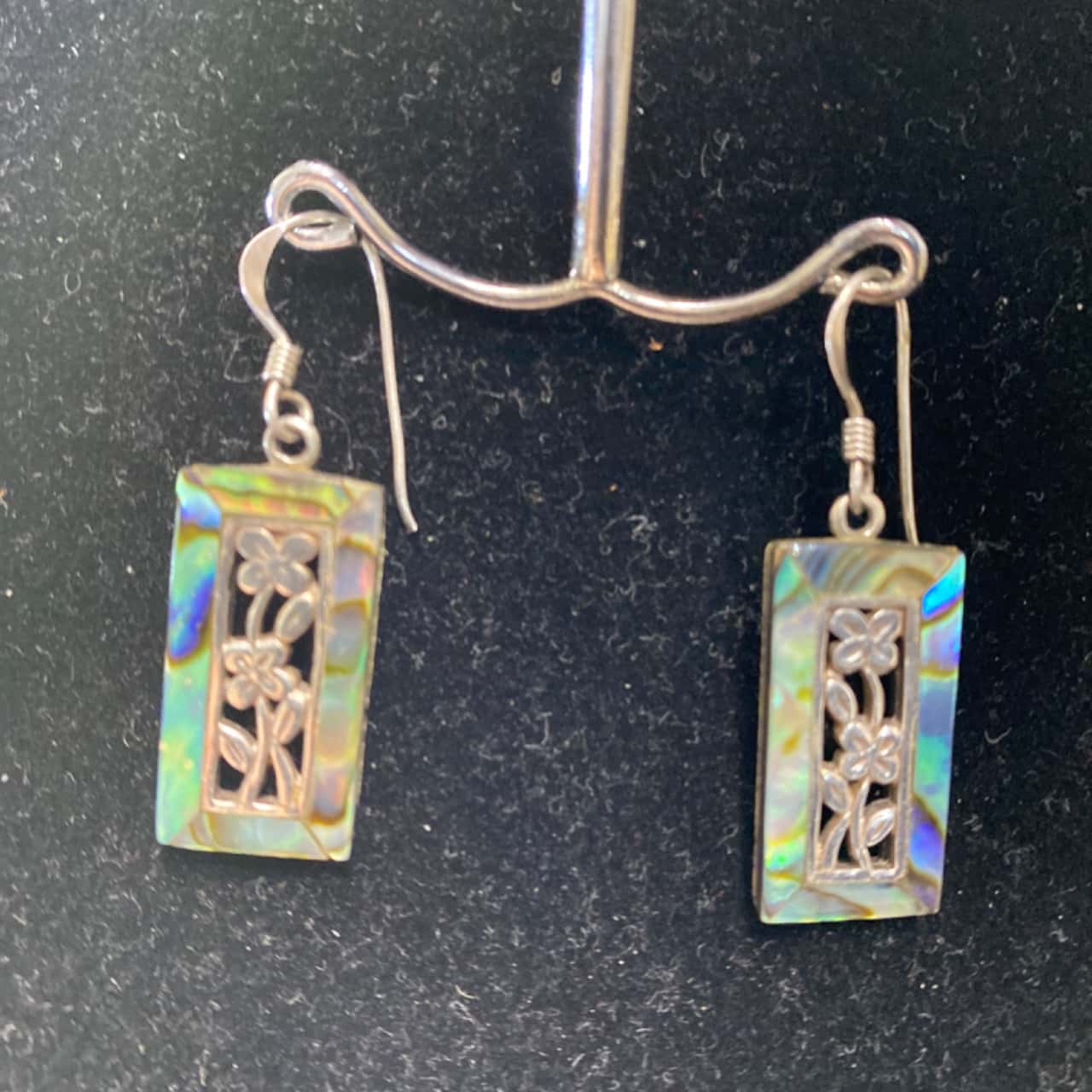 Stamped Silver & Paua Shell Rectangular Drop Earrings(s)