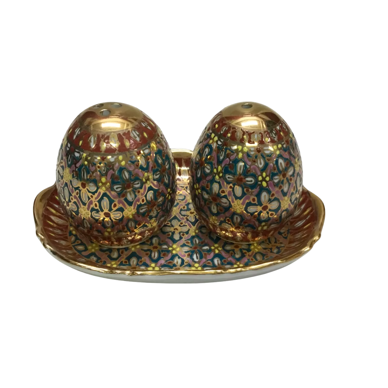 Three Piece Benjarong Porcelain Salt & Pepper Set - Hand-painted In ...
