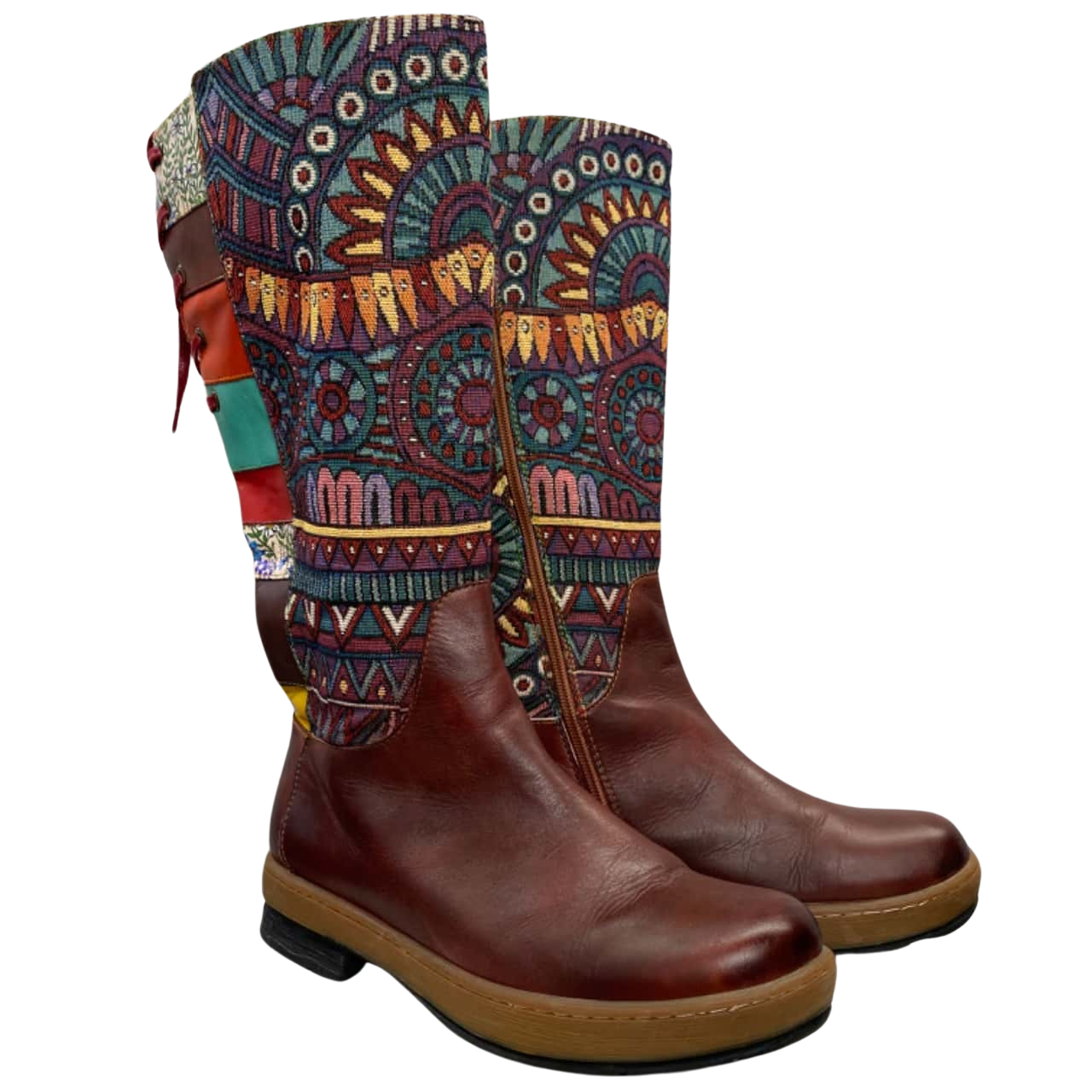 Womens Socofy Size 42 Brown & Multicoloured Embroidered Knee-high Boots(s)