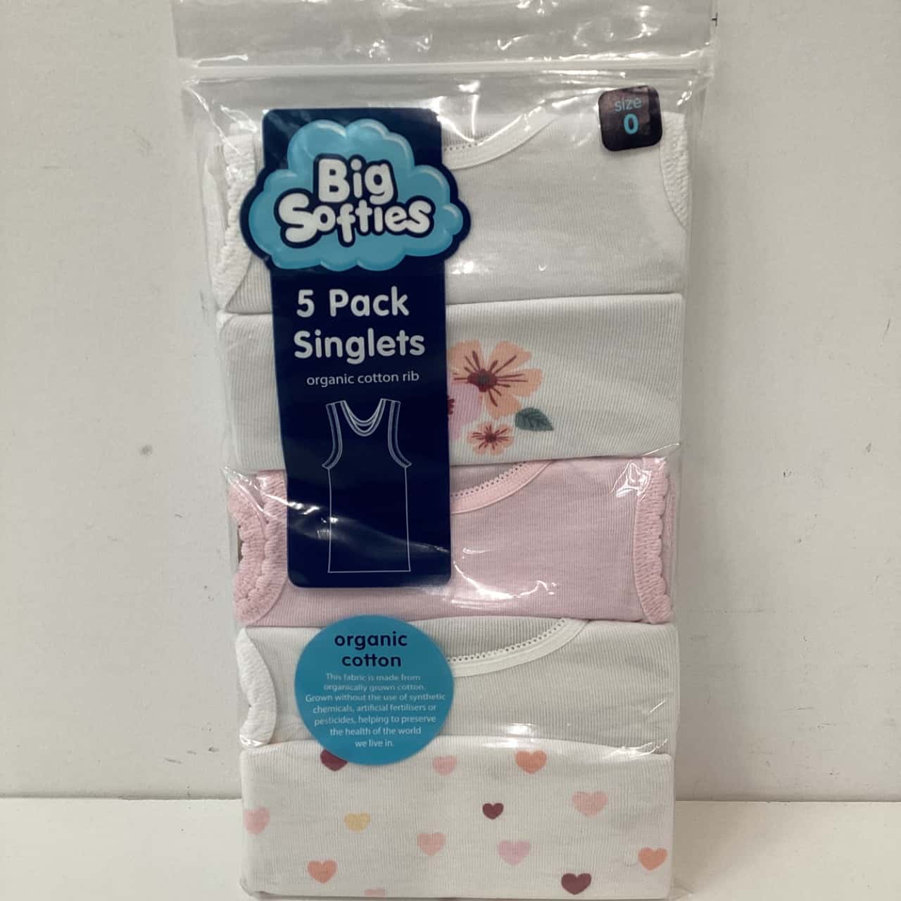 New - Big Softies 5 Pack Singlets Organic Cotton Rib Size 0(s)