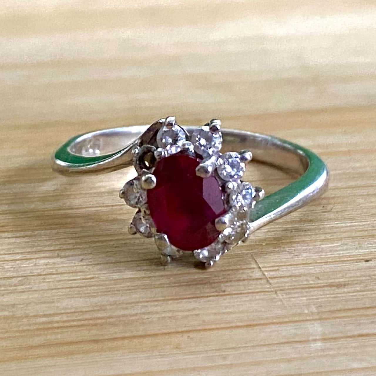 Sterling Silver Dark-Red Diamanté Ring (Stamped 925)(s)