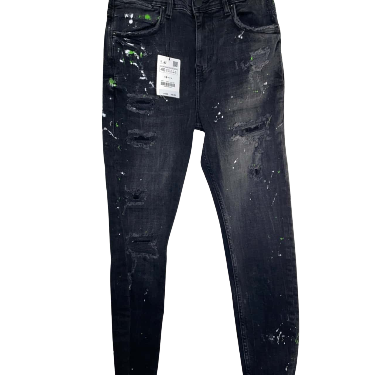 Unisex Size 40 Black Jeans (paint splatter & Rip Design)(s)