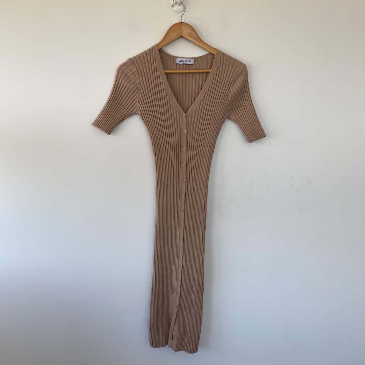 Ebbi And I Beige Button Up Short SLeeve Bodycon Midi Dress Size M (s)