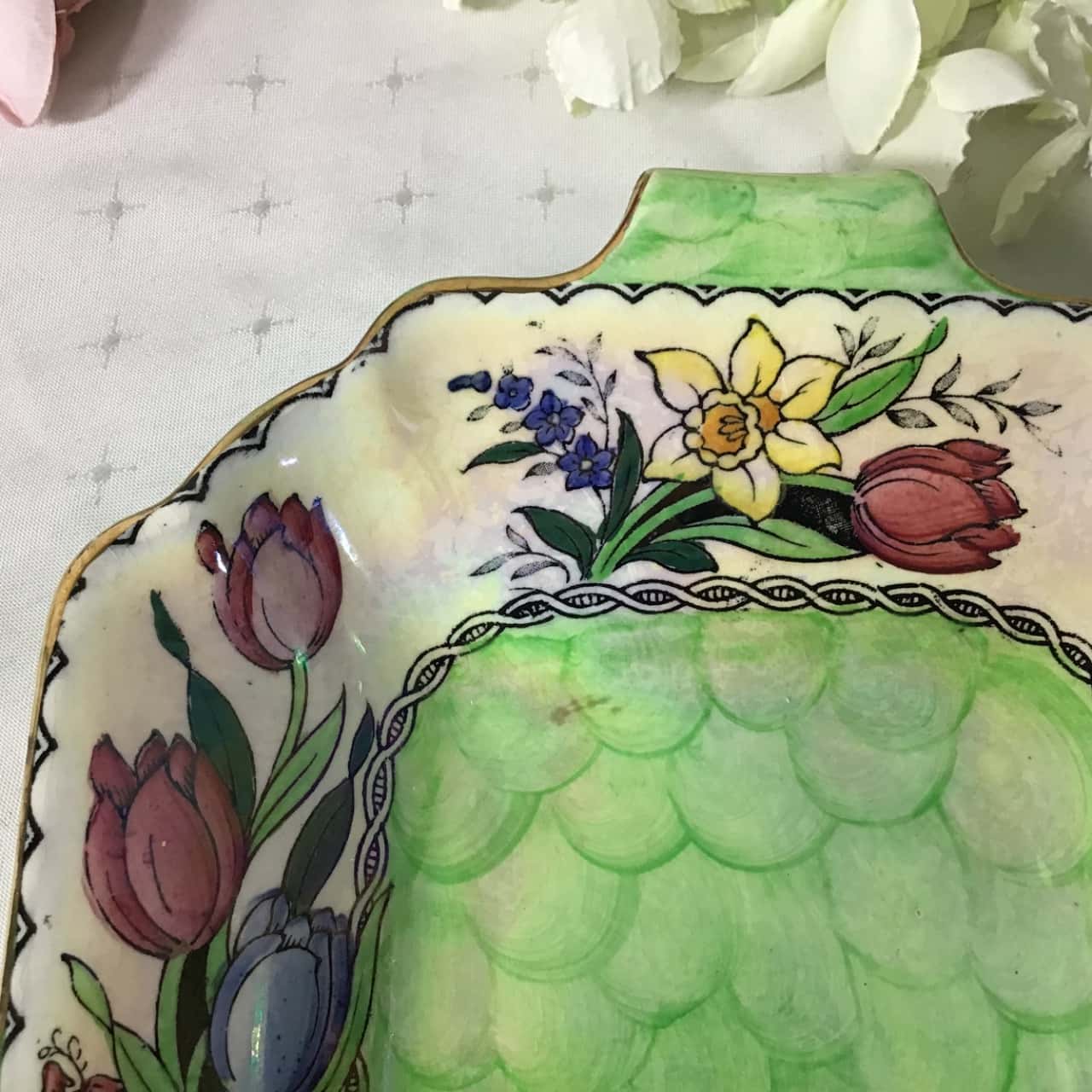 Vintage Maling Green Floral Pattern Decorative Dish with Handles(s)