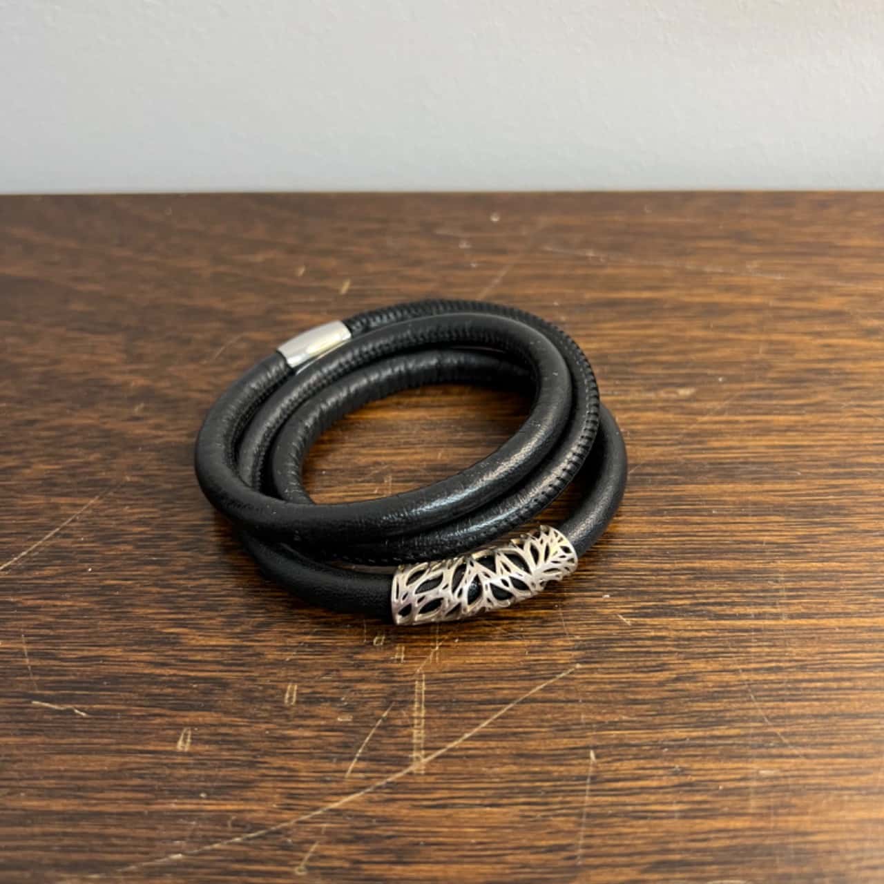 Black leather and sterling silver Emma and roe bangle(s)