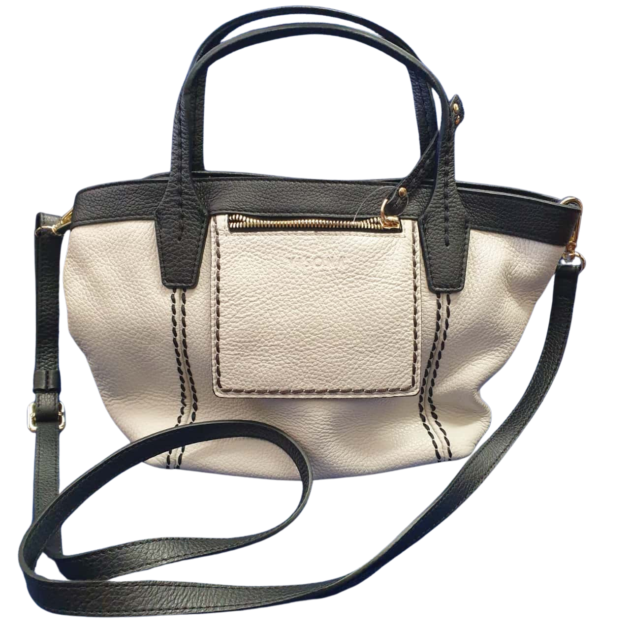 Visona Tote Hand Bag - Beige / Black -Genuine Leather - Made in Italy (s)