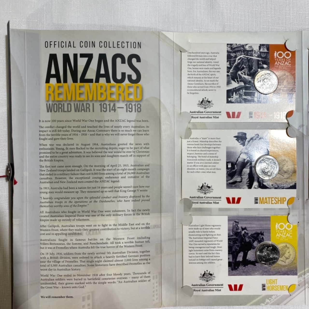 Official Coin Collection ANZACs Remembered World War 1 , 1914-1918