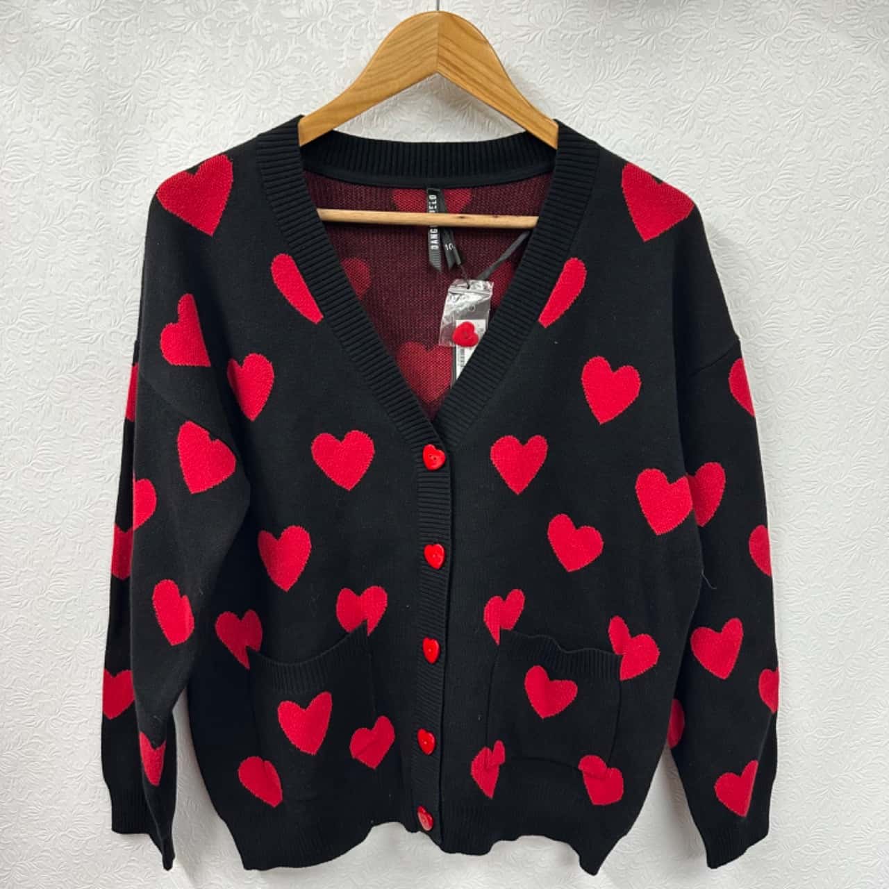 Dangerfield Womens Size 10 Cardigan Black with red heart pattern(s)