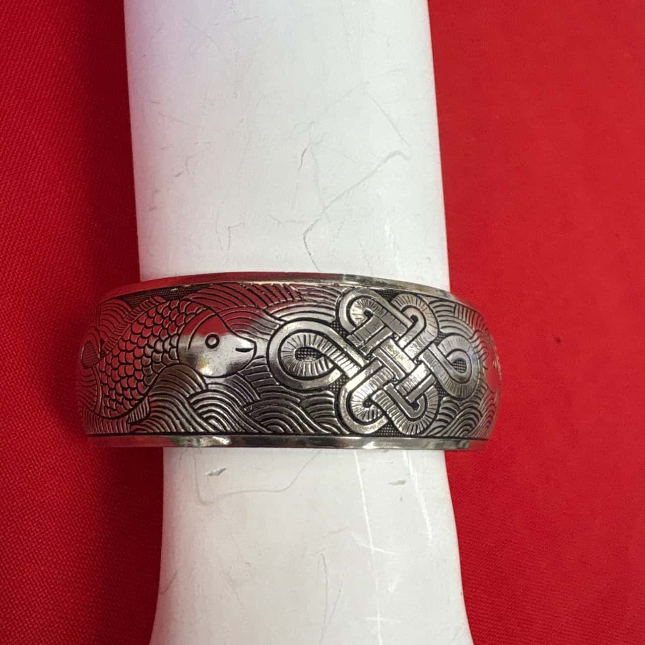 Women's Silver Cuff Bracelet featuring an Eternal Knot & Fish Design