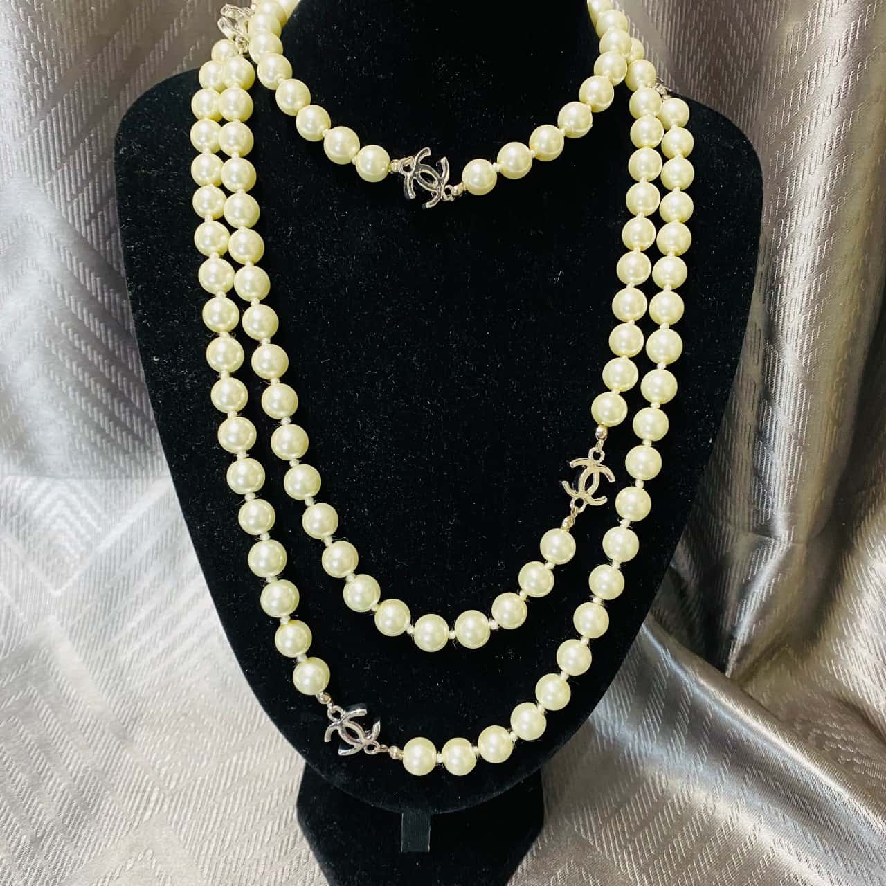 Extra Long White Faux Pearl Glass Necklace w/ Silver Toned Bead Accents (s)