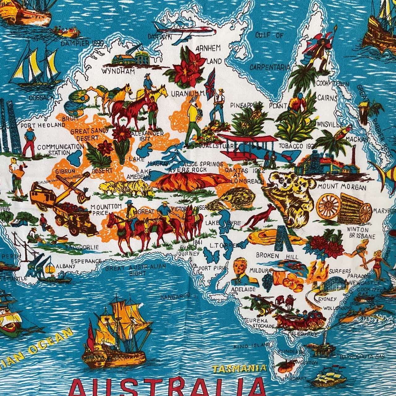 Vintage Frank Lee Australian Map Linen Tea Towel