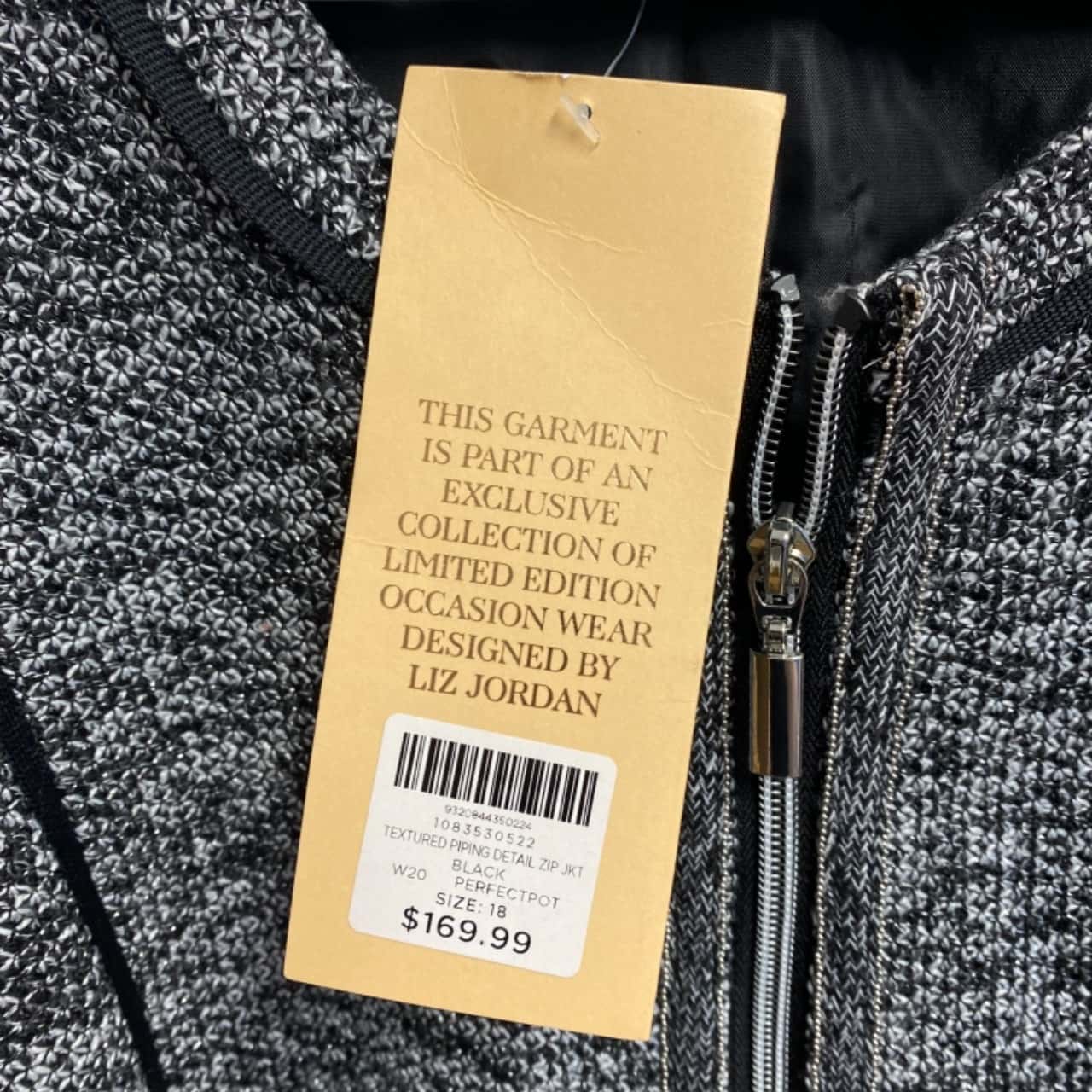 Liz Jordan Size 18 Textured Piping Detail Zip Jacket Black / Grey