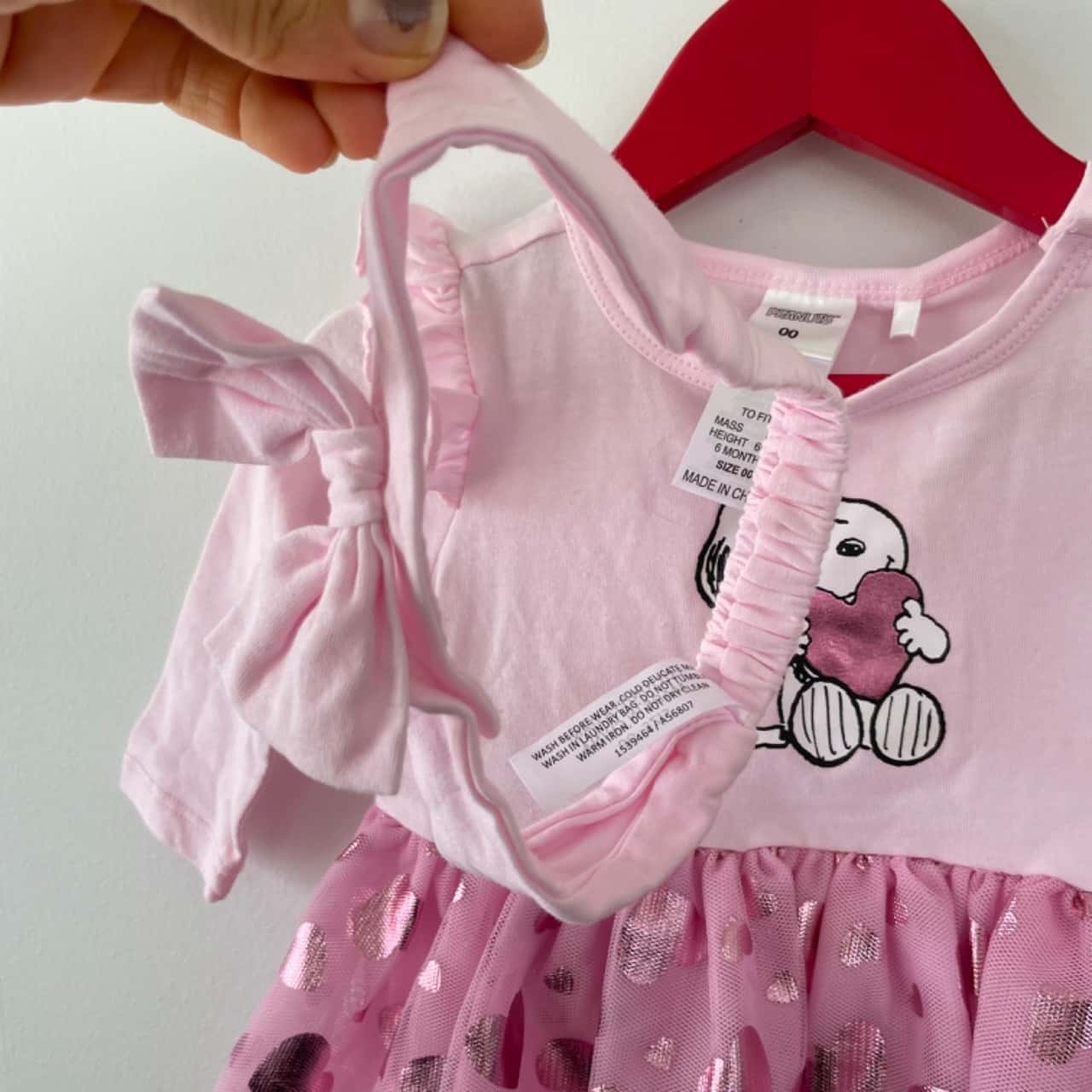 Peanuts Kids Pink Snoopy Heart Pattern Onesie Dress And Hairband Size 00