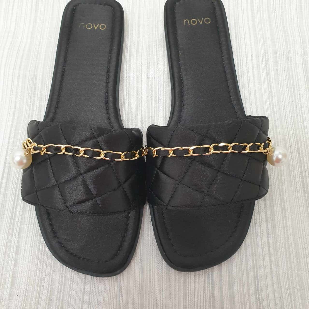 Nova Sydney Gorgeous Black Satin Slipper Slides With Gold Chain ...