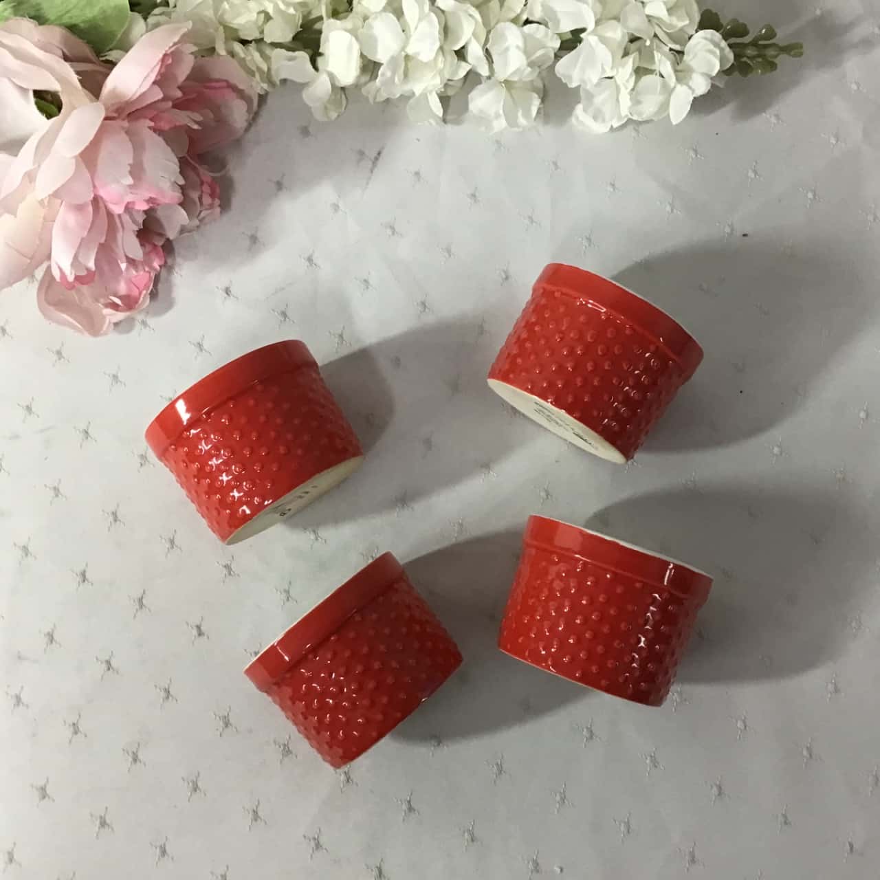 Will & Jess White / Red Raised Dots Set of 4 Small Round Ramekin Dishes