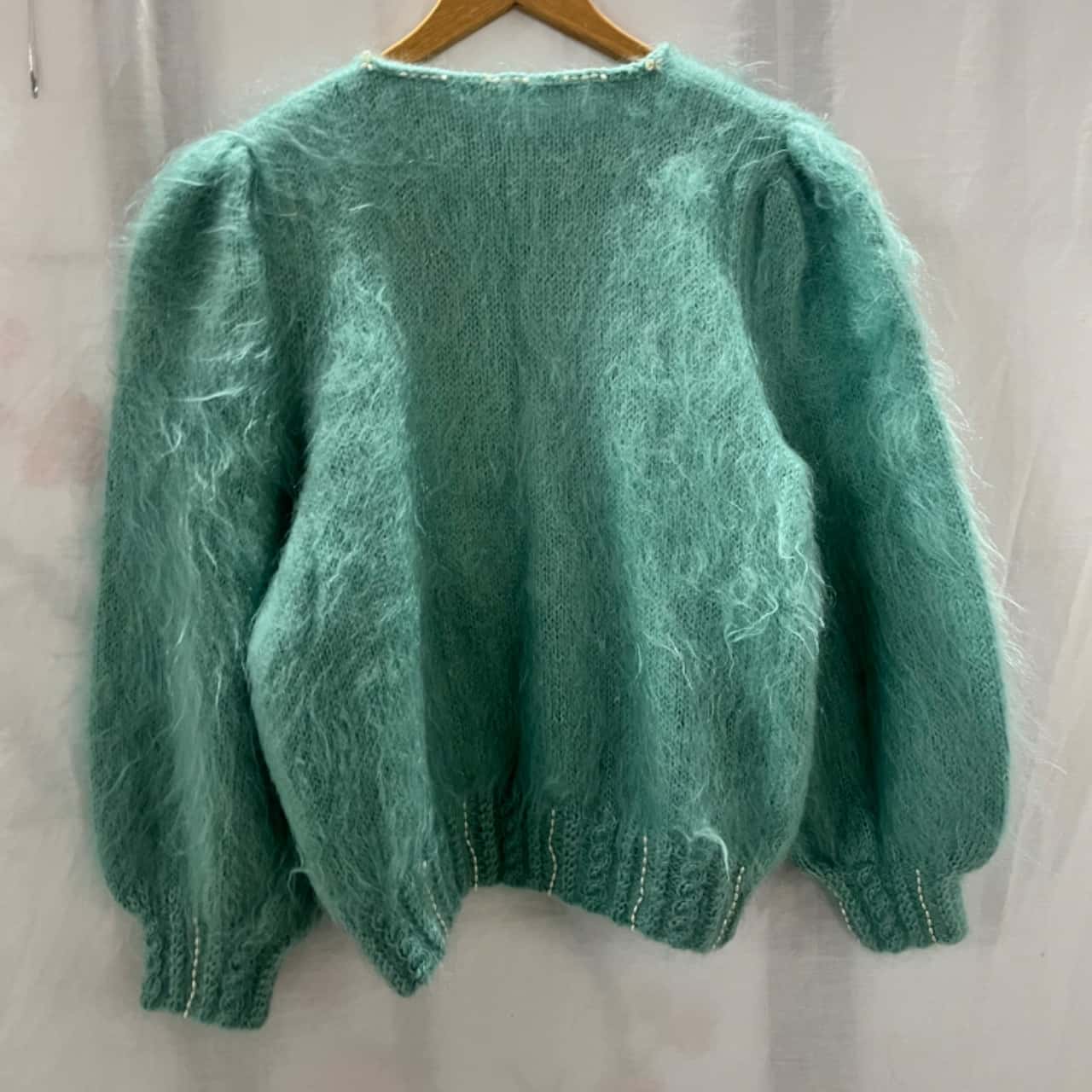Gorgeous Hand knitted Mint green jumper with pearl bead detail Size 10/ ...