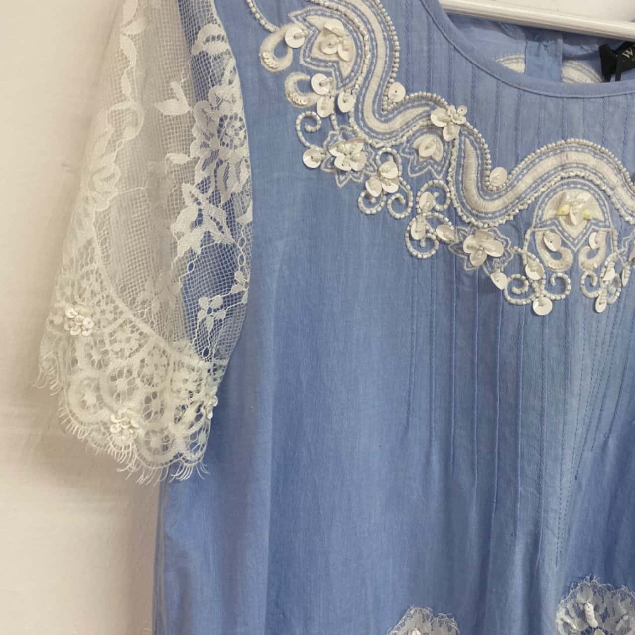 Womens lace and beadwork Button Up back Short Sleeve Blue shirt