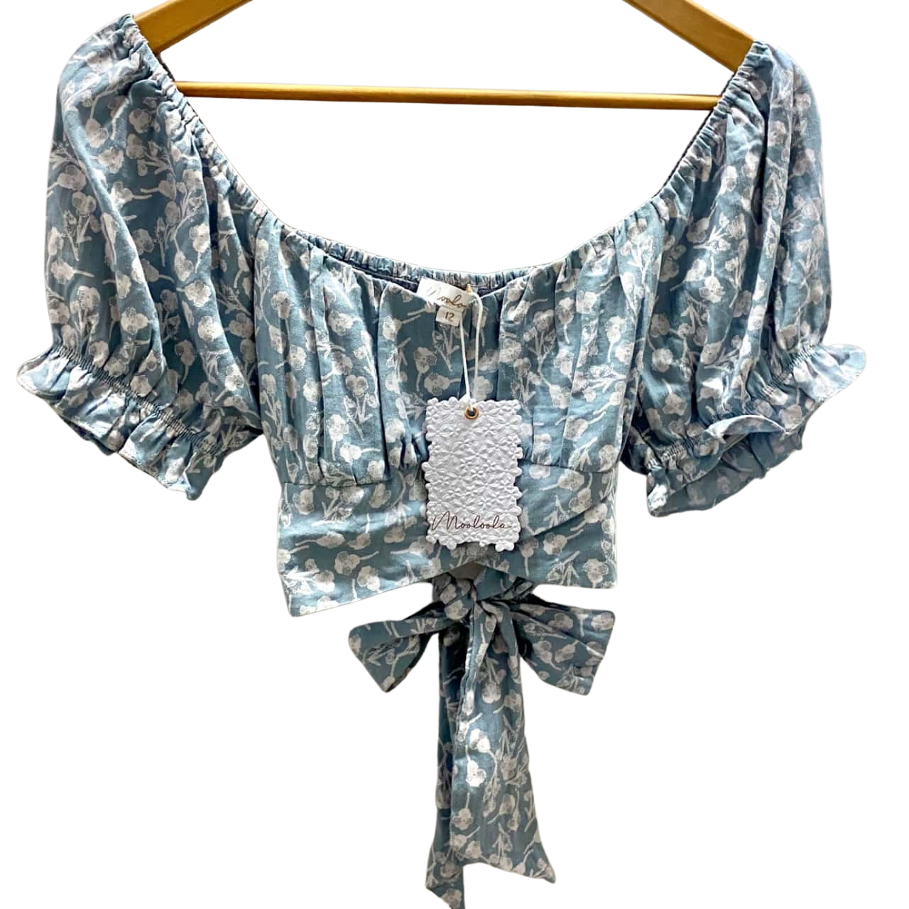 Mooloola Blue Floral Size 12 Cropped Summer Top with Tie Back
