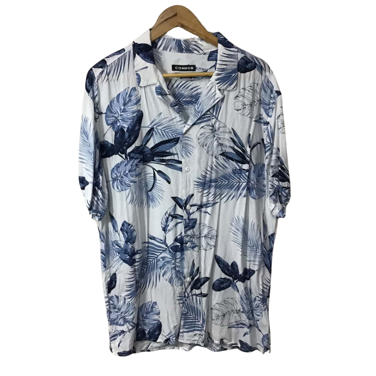 Connor Mens Size XL White / Blue Leaf Pattern Short Sleeve Shirt
