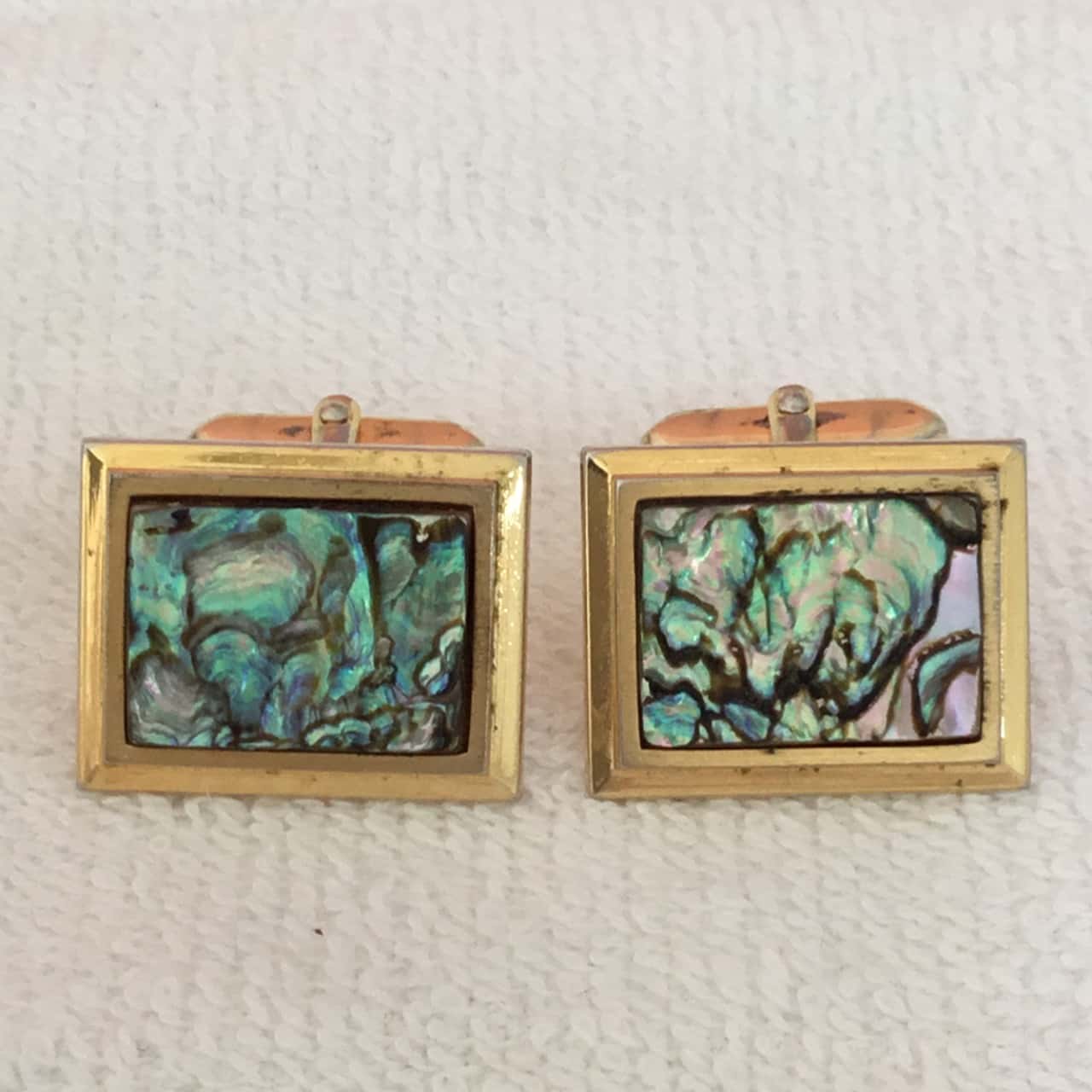 Vintage Smart Set West Germany Faux Abalone Paua Shell Gold Tone Rectangle Cufflinks