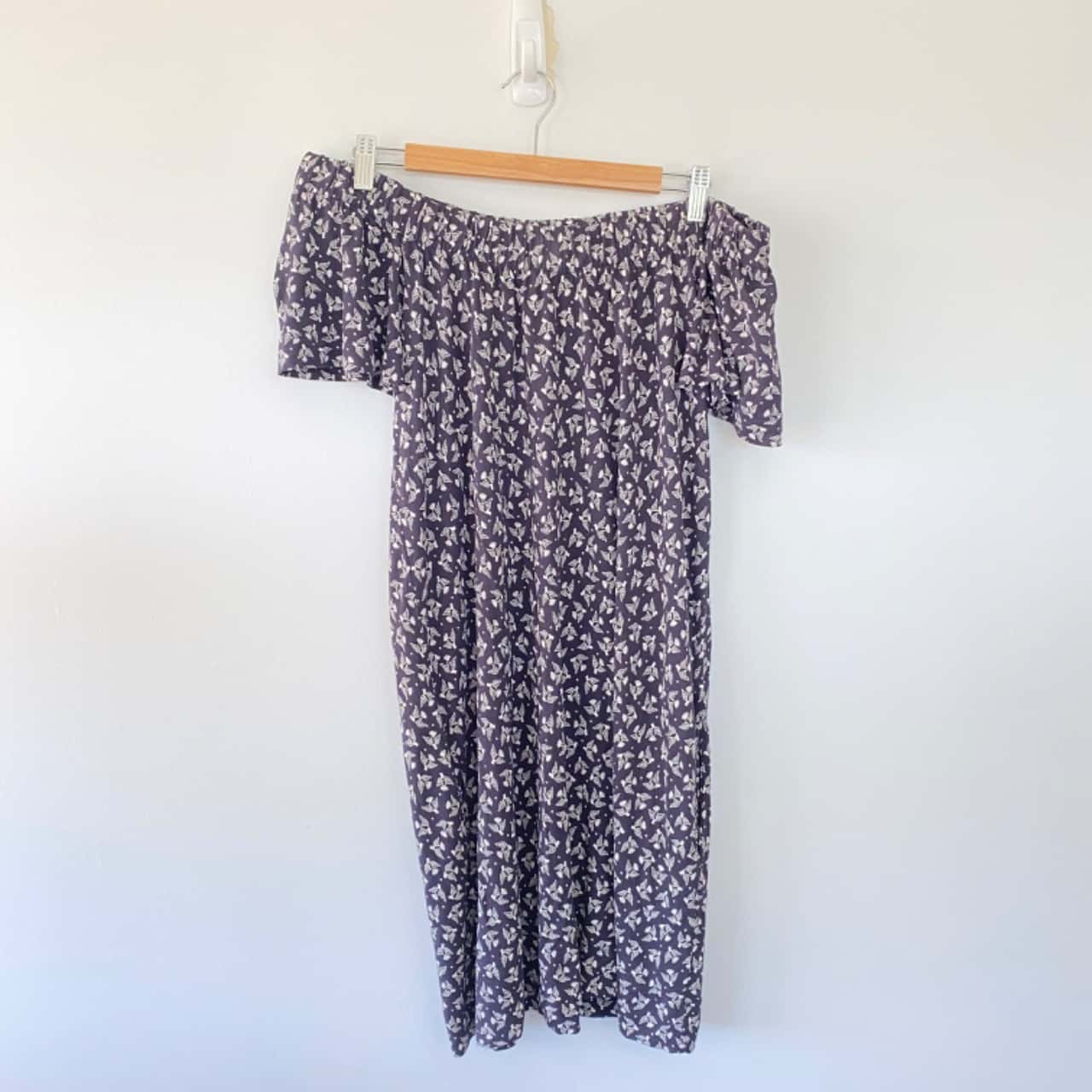 French Connection Navy Blue Bird Print Off Shoulder Mini Dress Size 10 / M