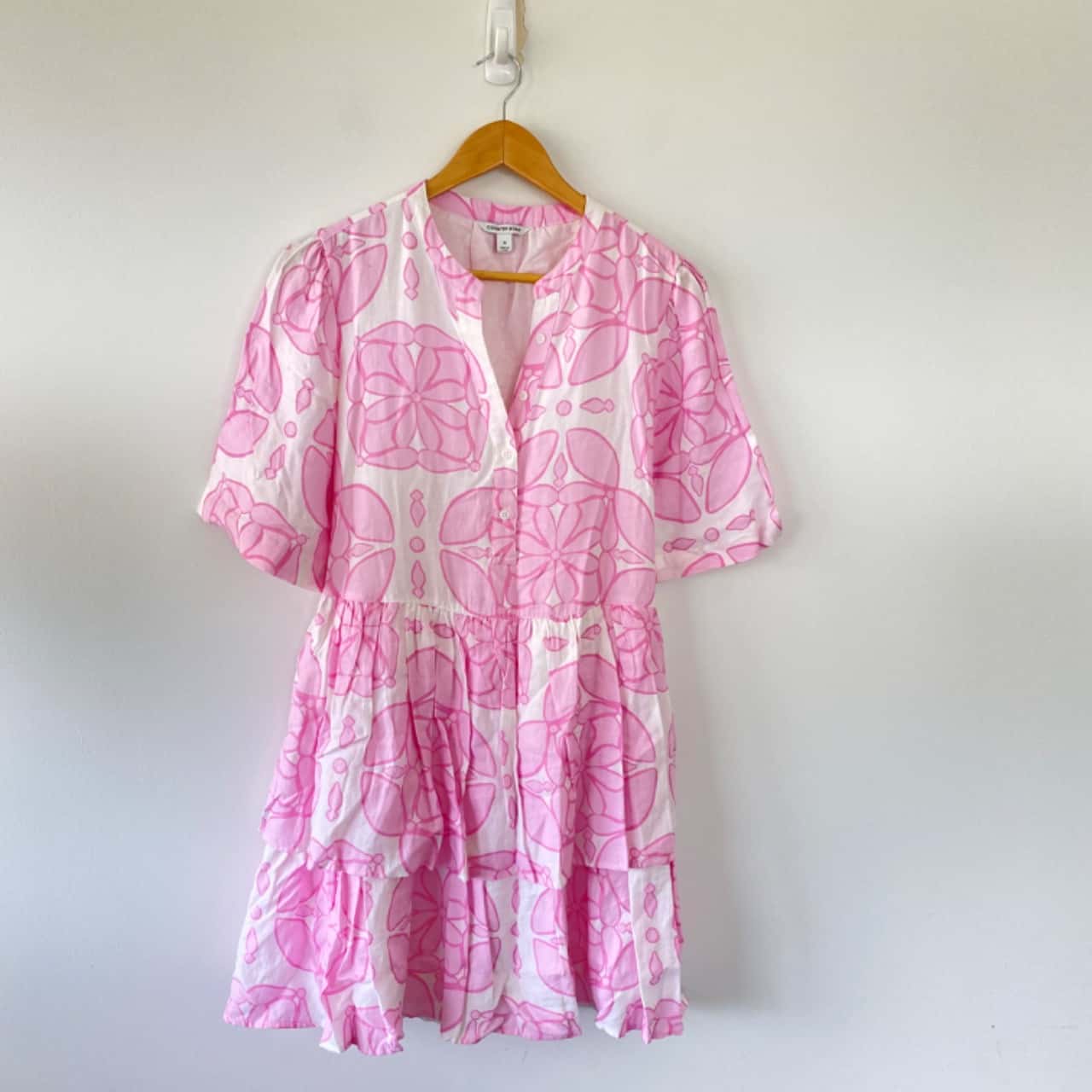 Country Road Pink White Floral Linen Cotton Button Detail Mini Dress ...